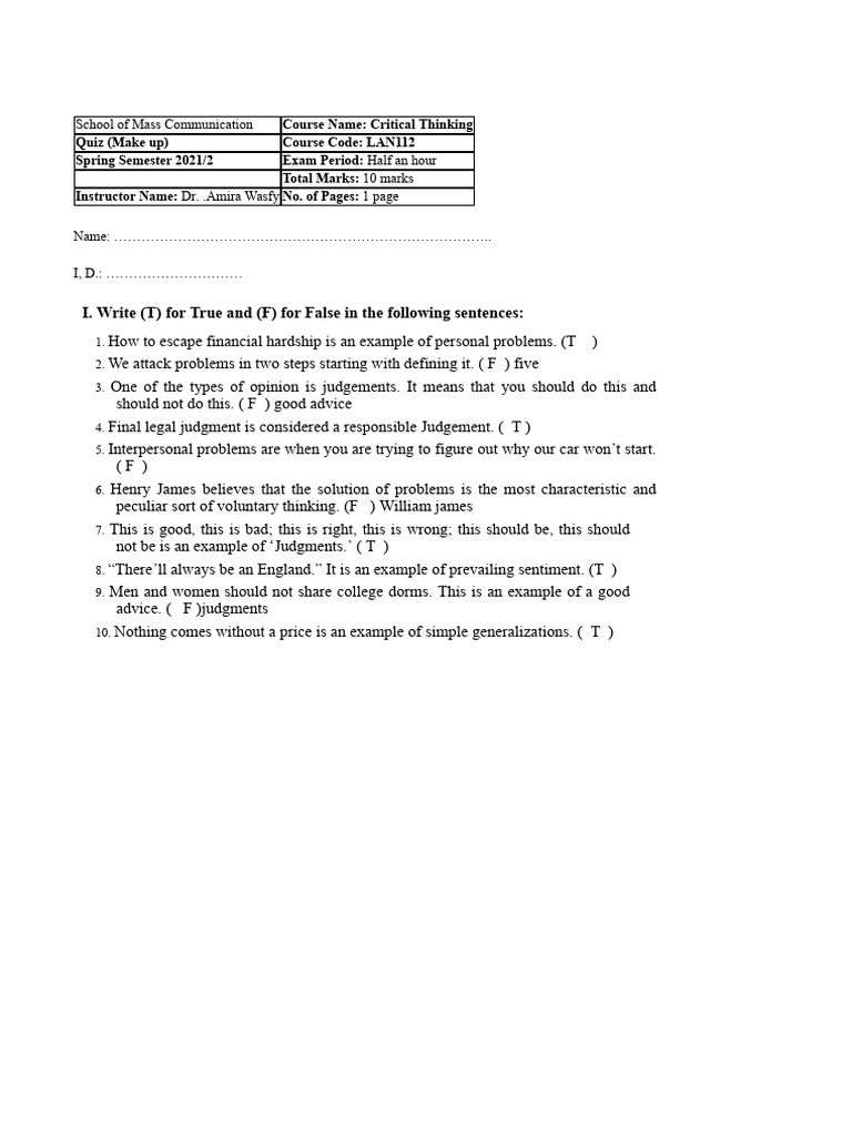 Critical Thinking Skills Quiz | PDF