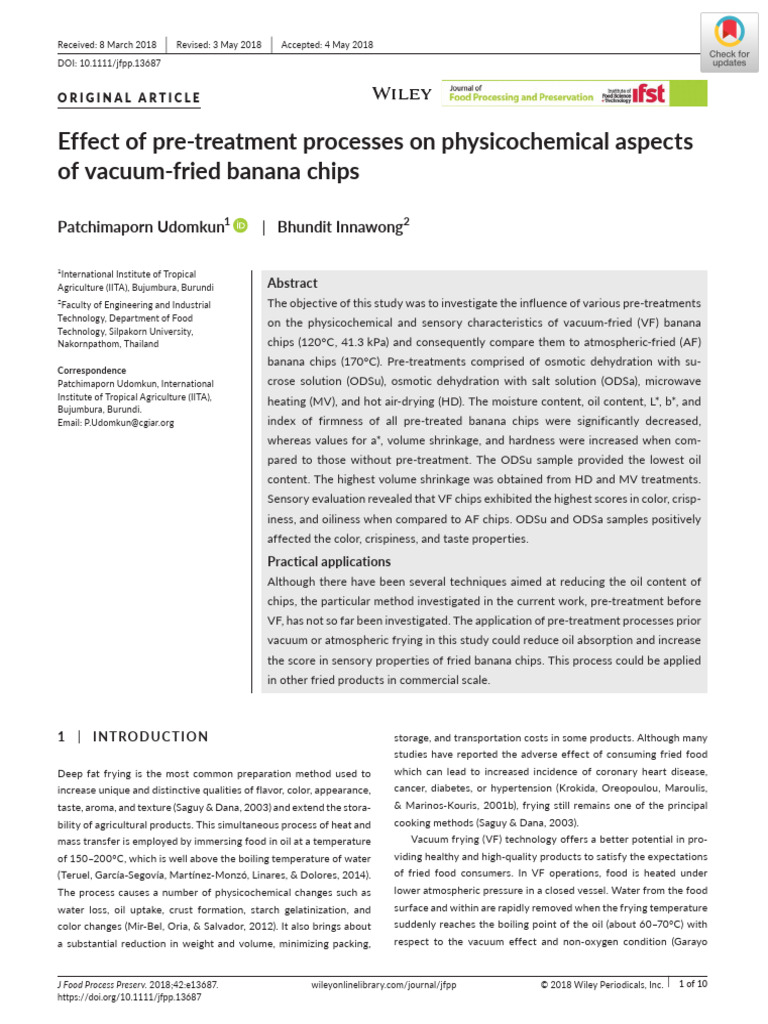 Effect of Pre‐Treatment Processes on Physicochemical Aspects of Vacuum‐Fried Banana Chips | PDF ...