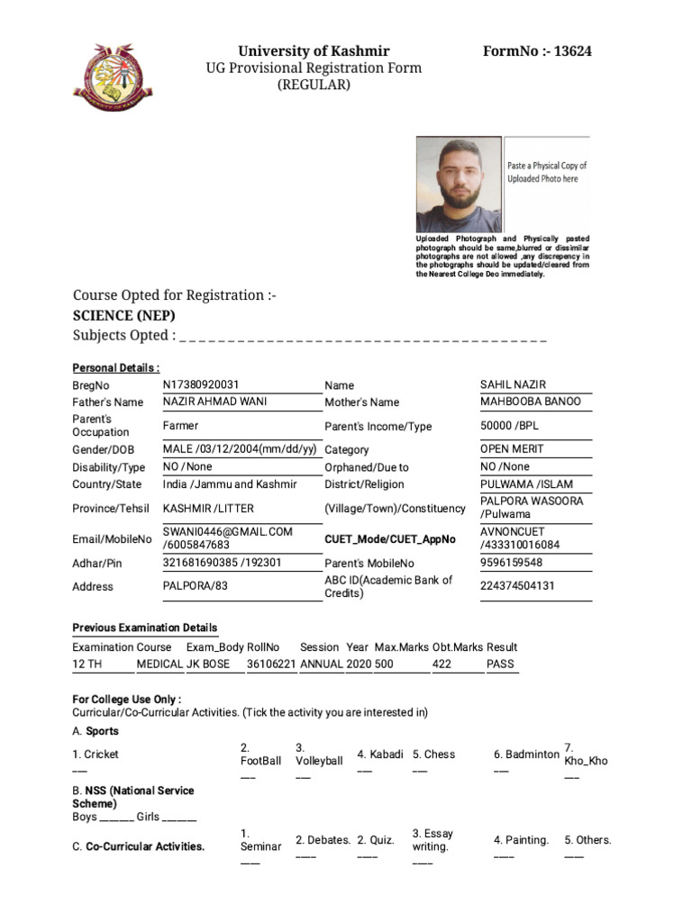 Egov - Uok.edu - in Collegeadm AdmDetails PrintForm UGBRN - Aspx | PDF