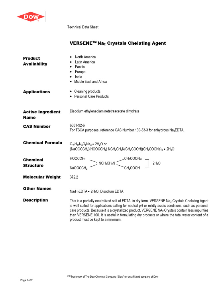 Versene Na2 Crystals Chelating Agent Tds | PDF ...