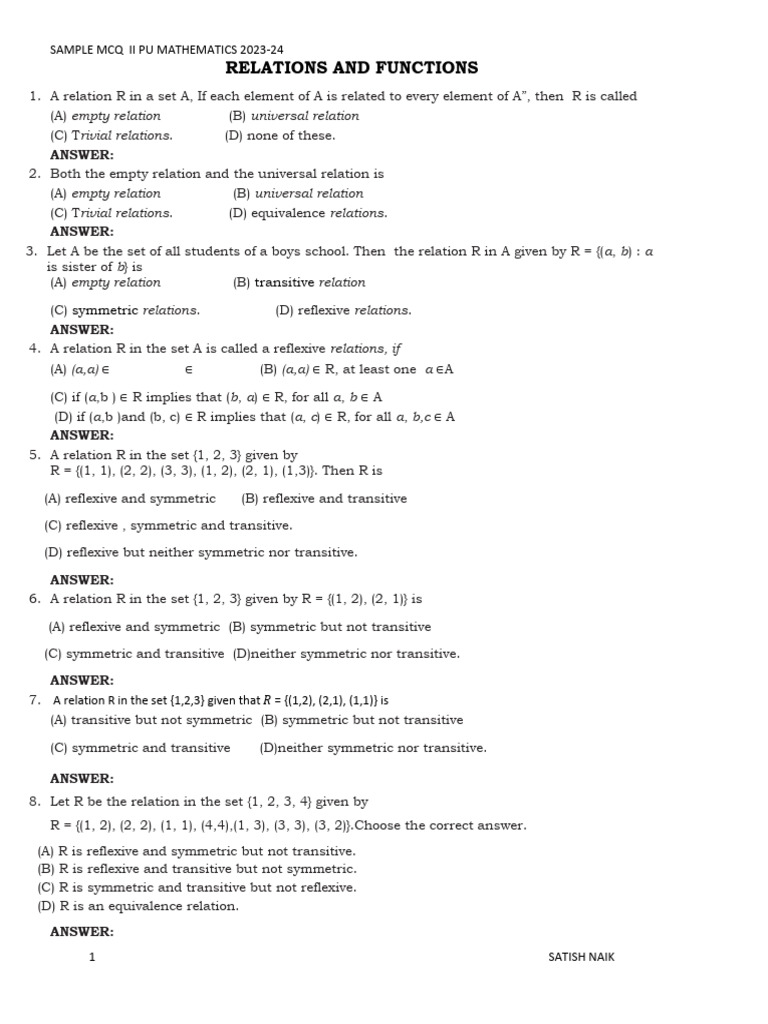 PU Mathematics MCQs on Relations and Functions | PDF | Abstract Algebra | Mathematical Logic