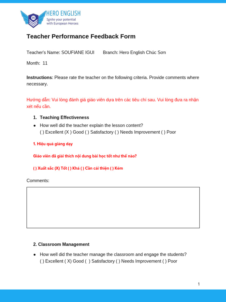Teacher Performance Feedback Form - HERO Dịch | PDF