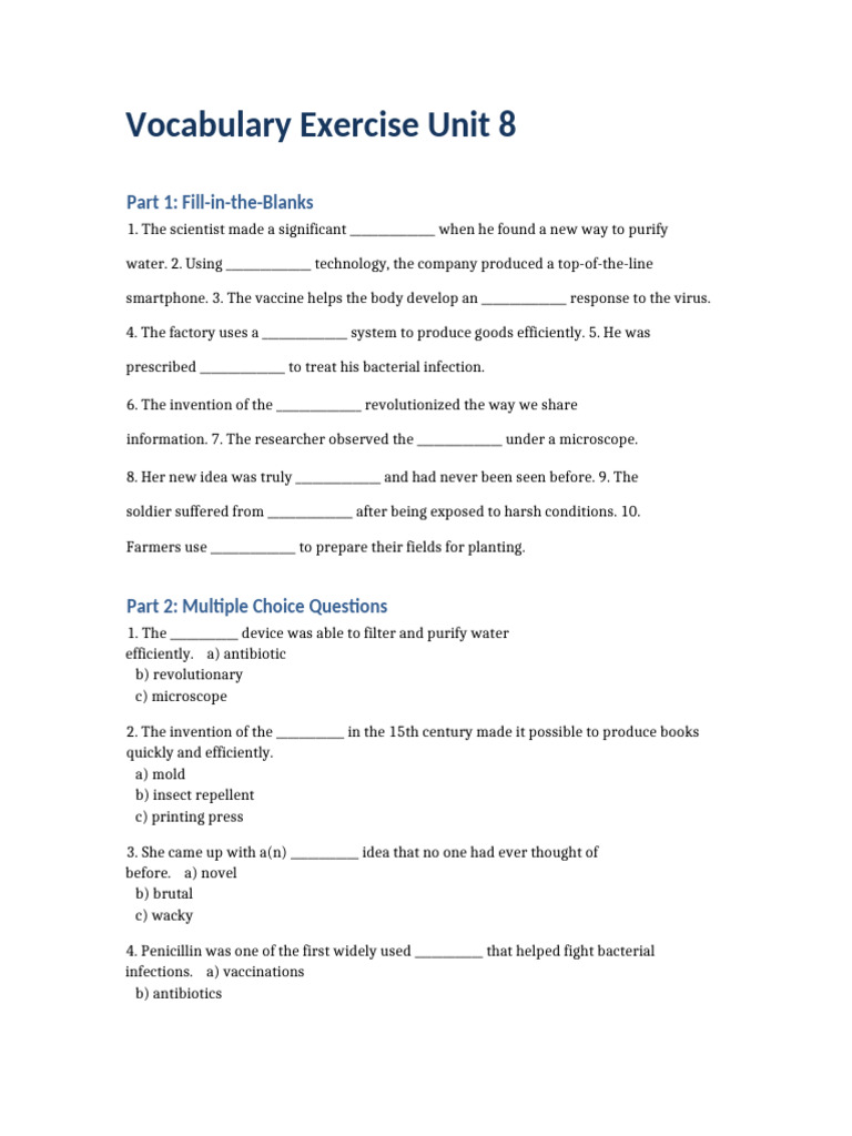 Vocabulary Exercise Unit 8: Science & Technology | PDF | Infection ...