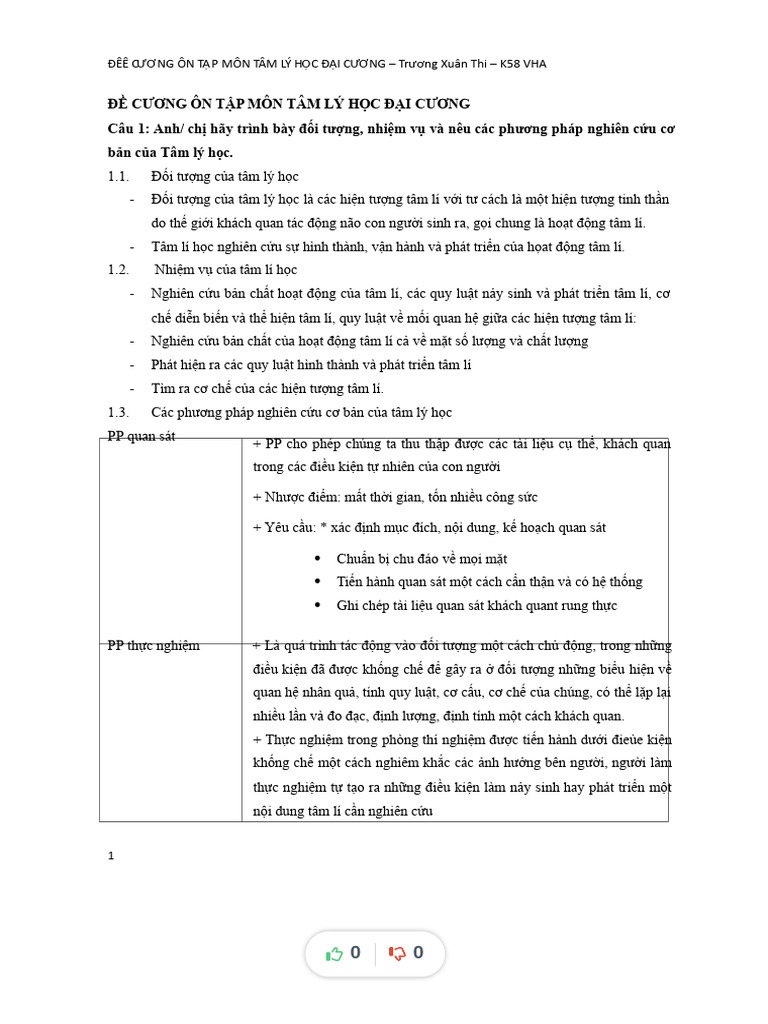 De Cuong On Tap Mon Tam Ly Hoc Dai Cuong - Compress | PDF