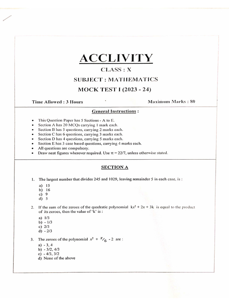 Class 10 - Mathematics - MT I | PDF