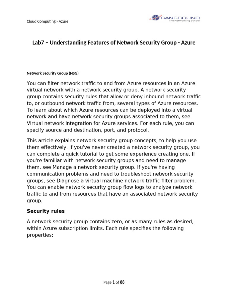 Lab7 - Understanding Features of Network Security Group - Azure | PDF | Internet Protocols ...