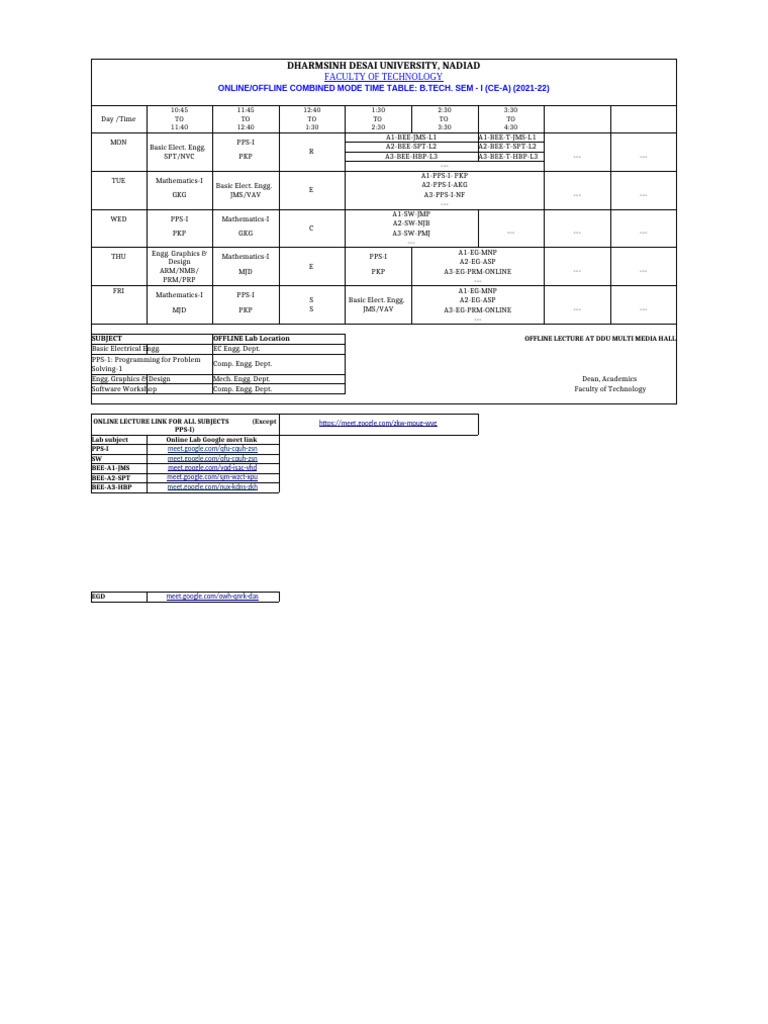 B.Tech Sem I Time Table 2021-22 | PDF
