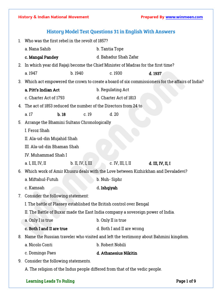 History Model Test Questions 31 in English With Answers | PDF | Indian ...