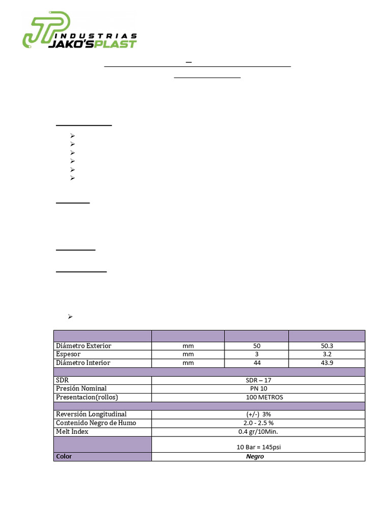 Tubería PE100 50mm P.N.10 SDR17 | PDF