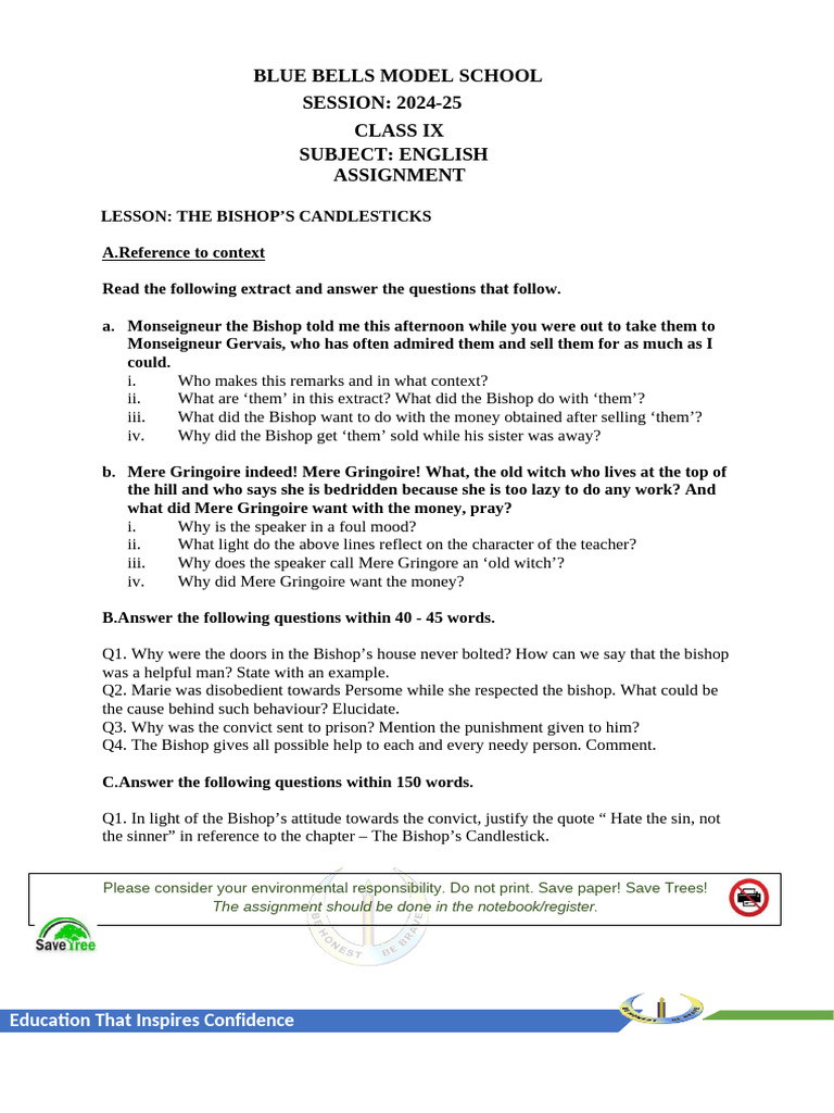 Class IX Assignment: Bishop's Candlesticks | PDF