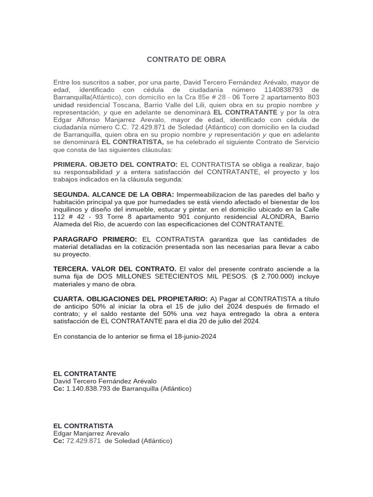 Contrato de Obra - 2024 | PDF