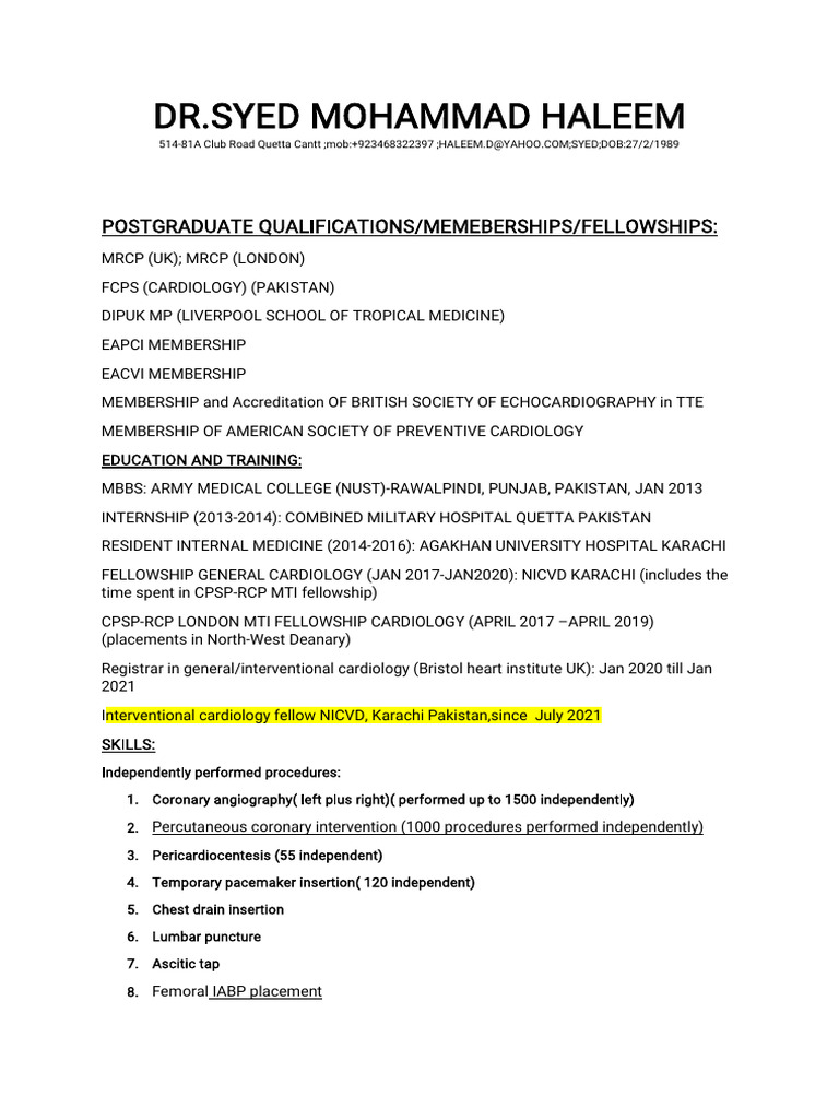 Cardiologist Dr. Haleem's Qualifications | PDF | Cardiology | Hospital
