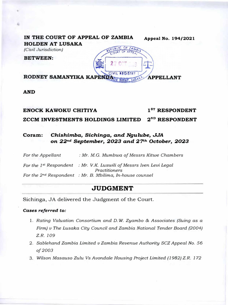 Rodney Samanyika Kapenda V Enock Kawoku Chitiya and Anor (Appeal No ...