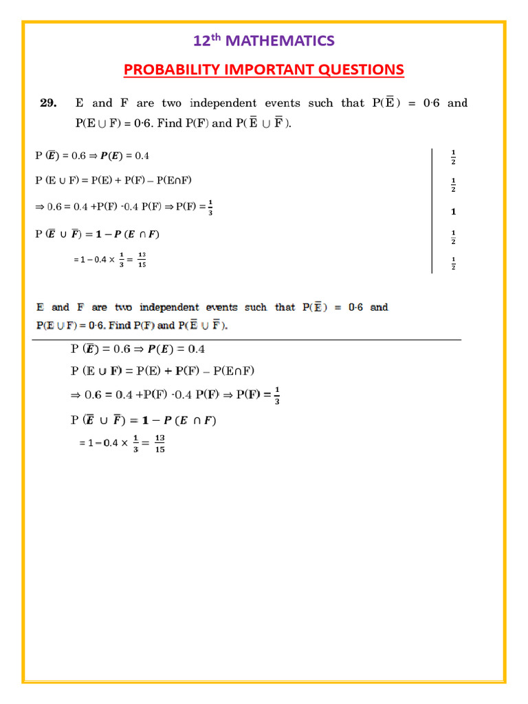 12th MATHEMATICS Probability | PDF | Probability | Aviation Accidents And Incidents