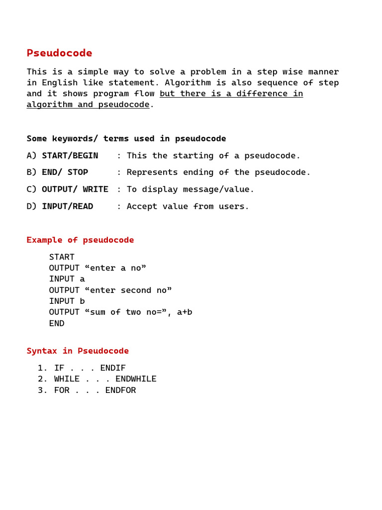 POP Unit 1 Pseudocode | PDF