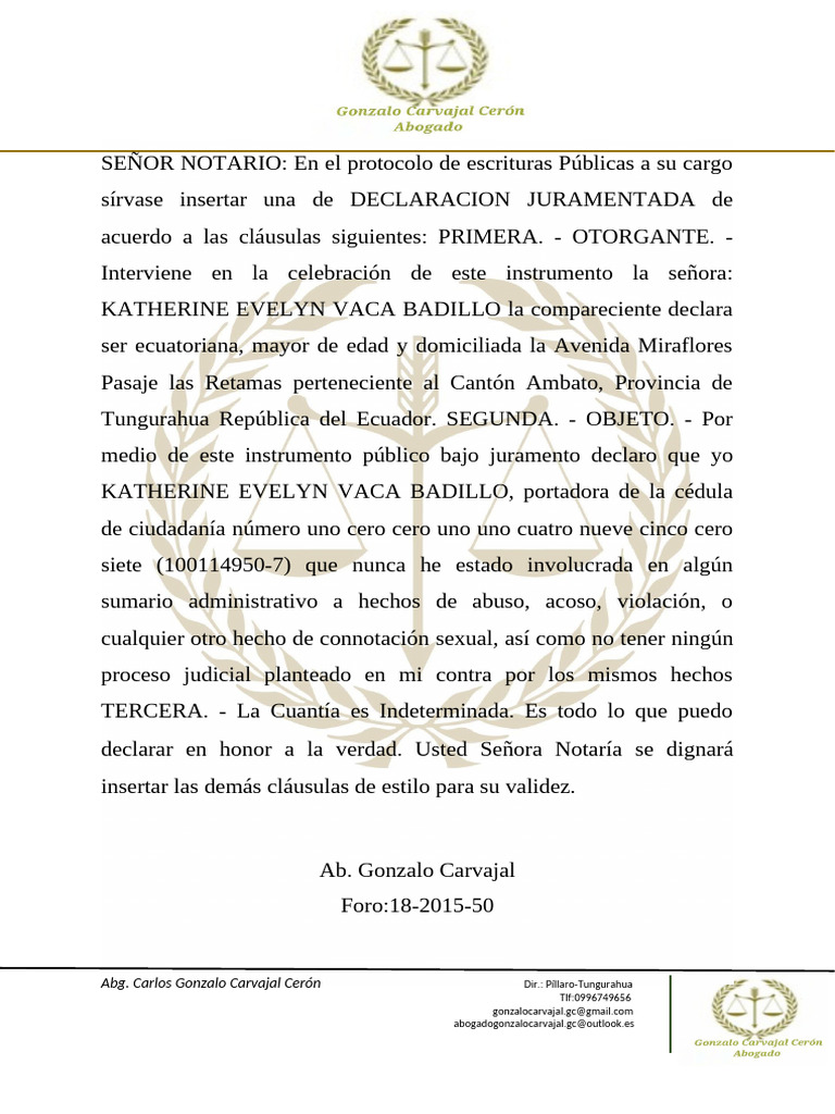 Declaración Juramentada de Katherine Vaca | PDF