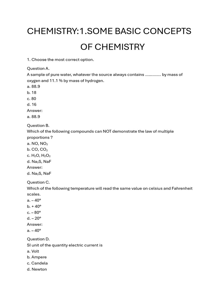 Basic Chemistry Concepts Quiz | PDF | Mole (Unit) | Chemical Substances