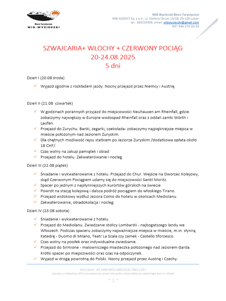 Oferta Wycieczka Szwajcaria Wlochy I Czerwony Pociag 20 24.08.2025 | PDF