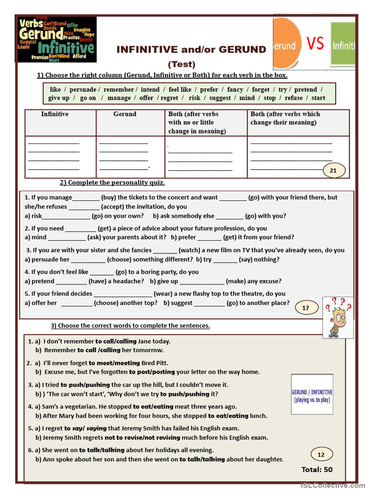 Infinitive vs. Gerund Practice Quiz | PDF | Grammar | Syntax