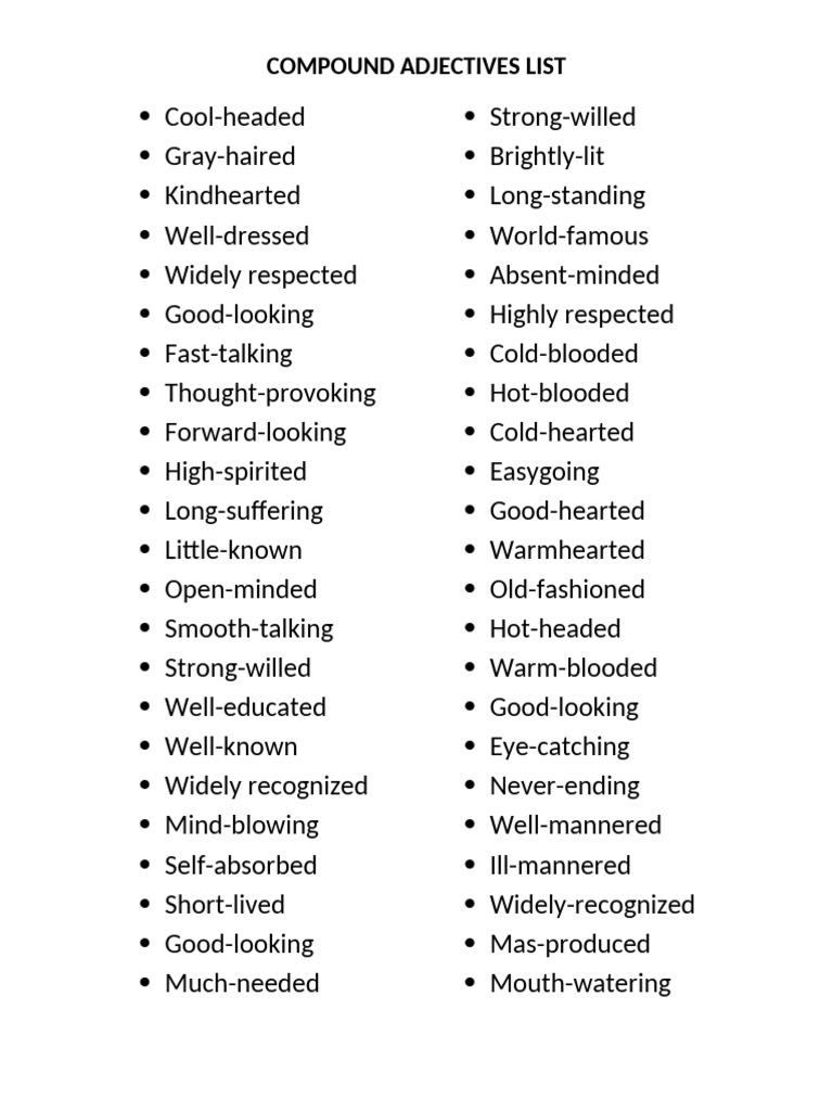 COMPOUND - ADJECTIVES - LIST With New Words | PDF