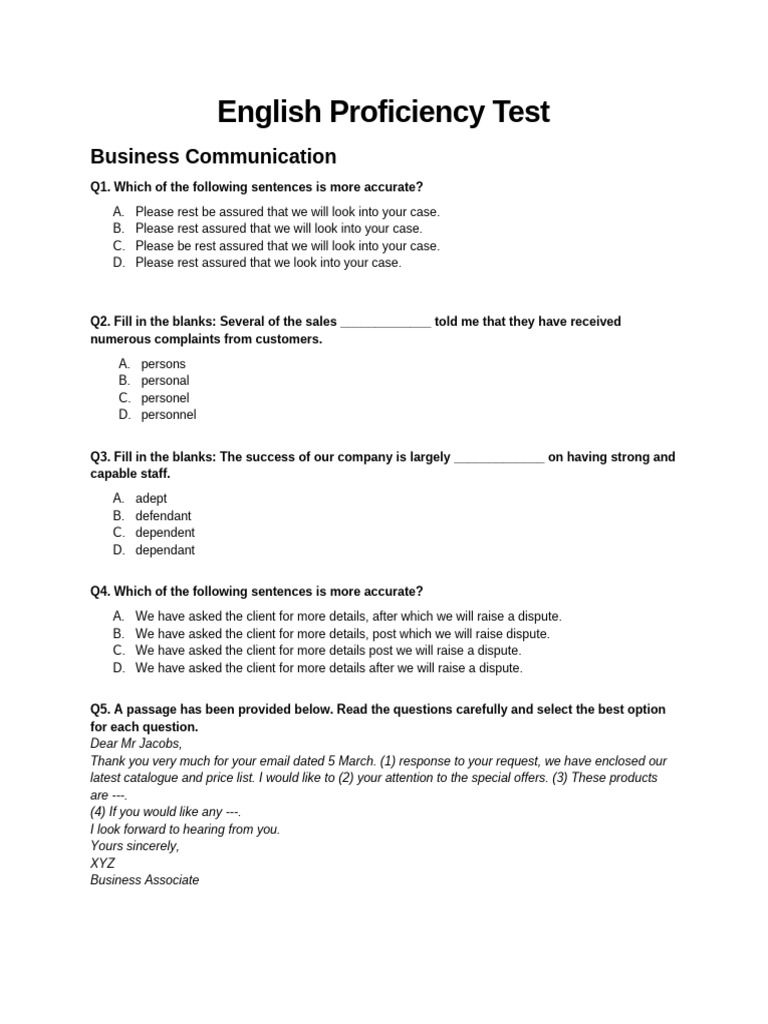 English Proficiency Test for Business Communication | PDF