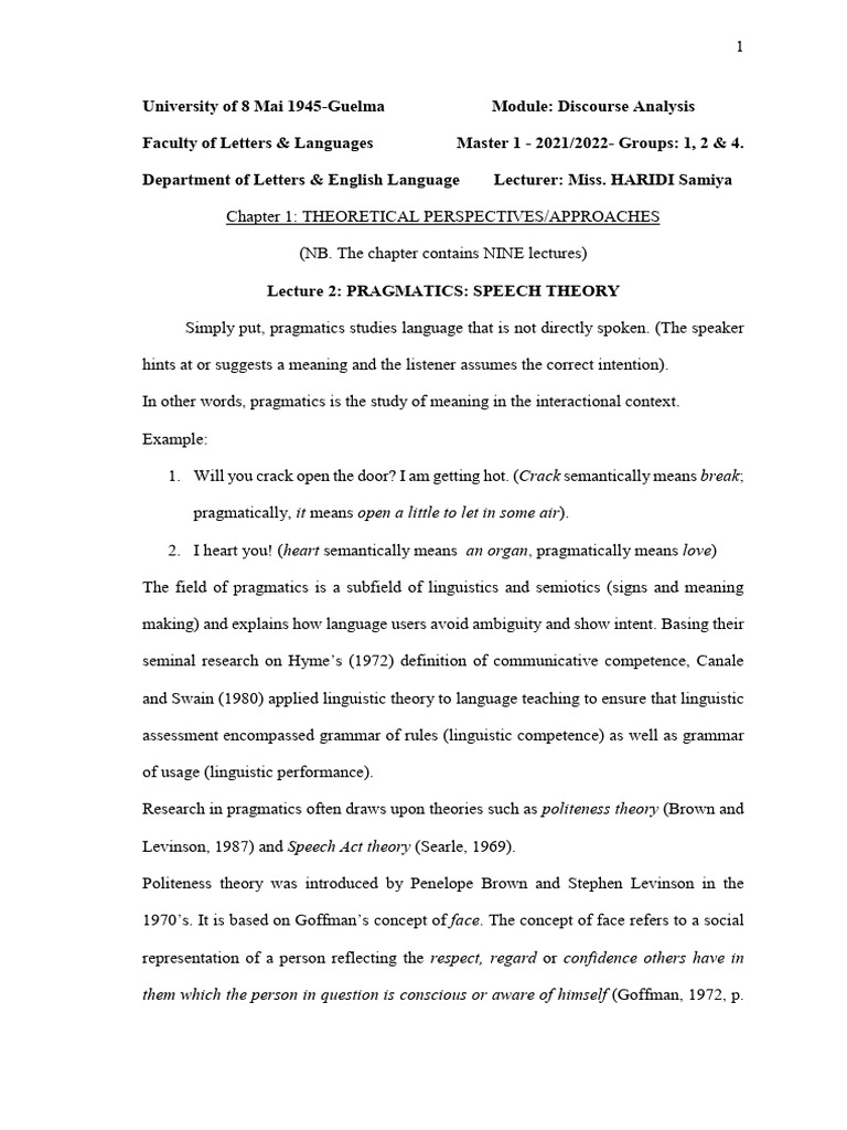 Lecture Two. Pragmatics Speech Act Theory | PDF | Linguistics | Semantics