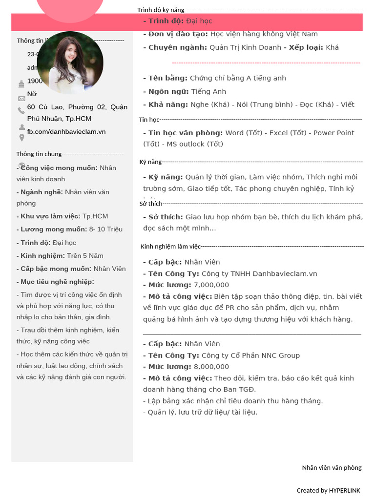 01 Pink CV Dep Danhbavieclam - VN | PDF