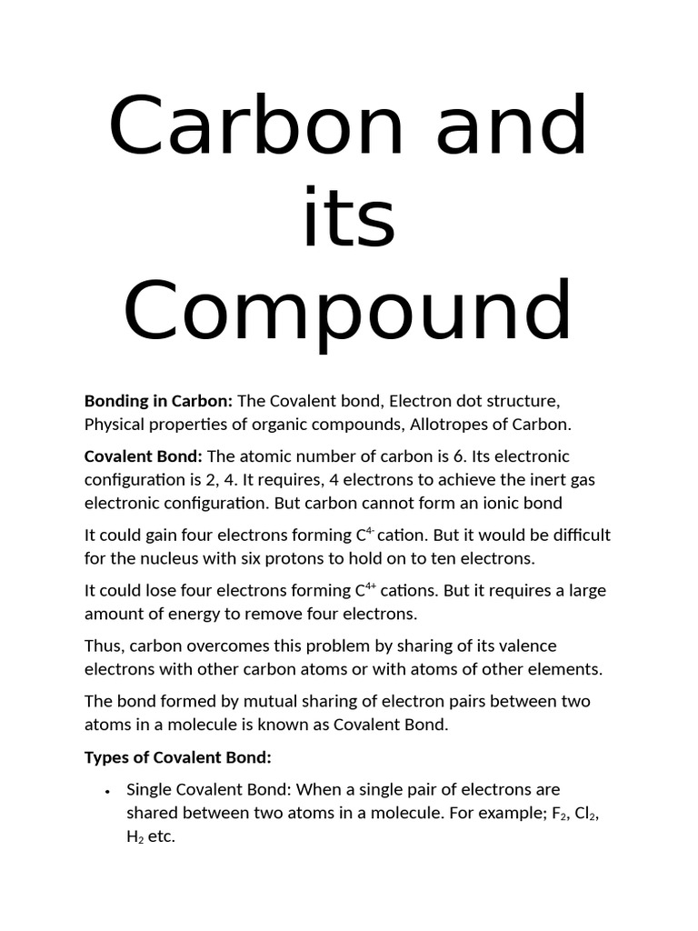 Carbon and Its Compound Notes | PDF | Chemical Bond | Covalent Bond