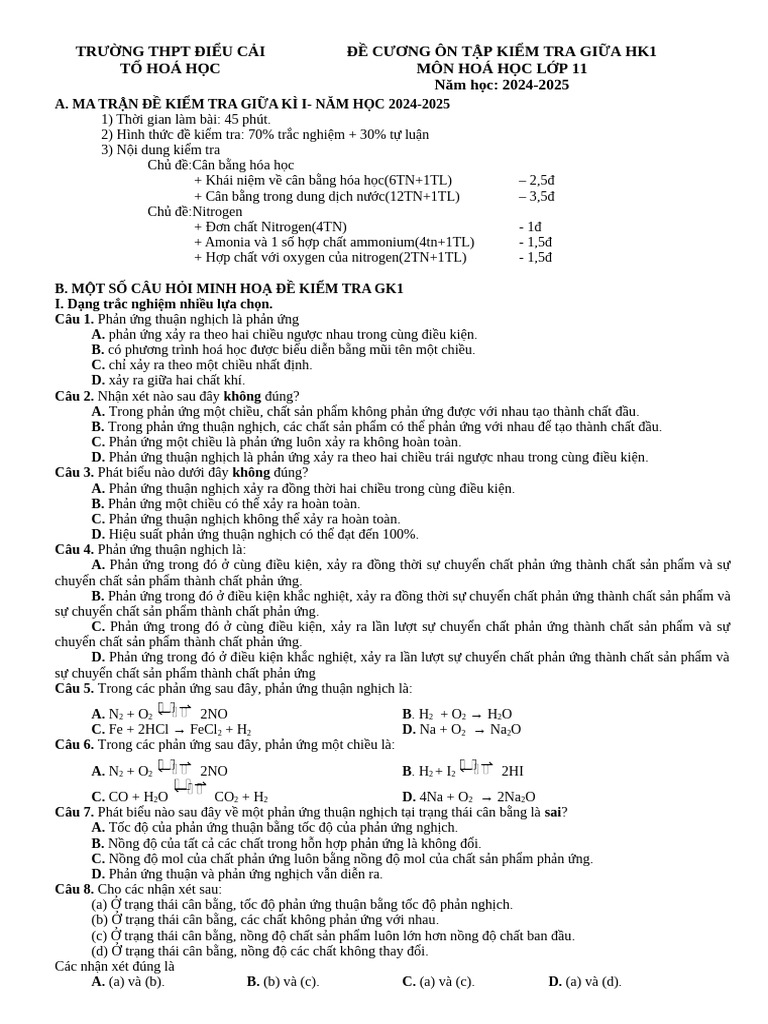 ĐỀ CƯƠNG GK1-HH11-NH2024-2025 | PDF