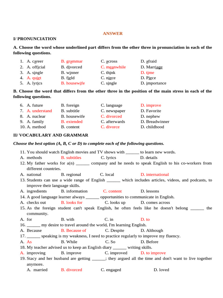 ANSWER - Đề cương ôn tập GK1 - TA9 SW | PDF | English Language | Meal