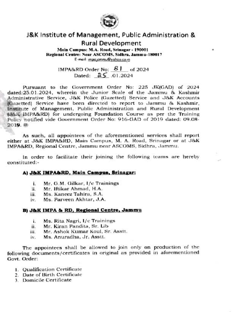 J&K IMPA&RD Foundation Course Order | PDF