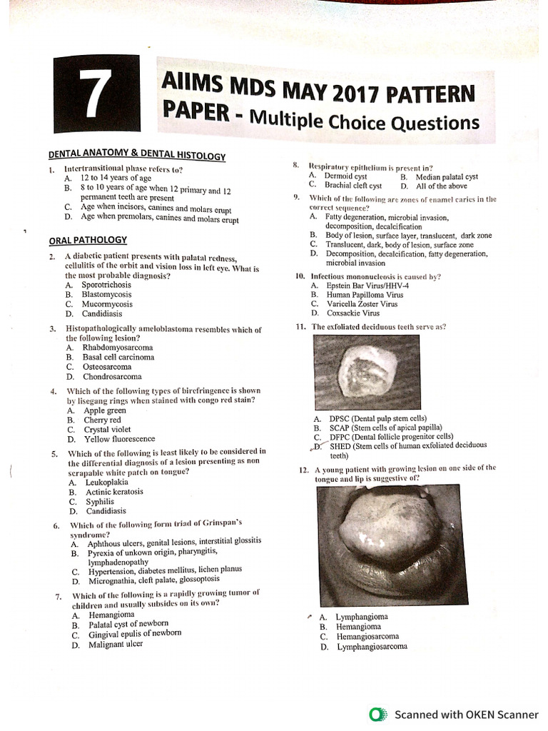 Aiims MDS May 2017 Pattern Questions | PDF
