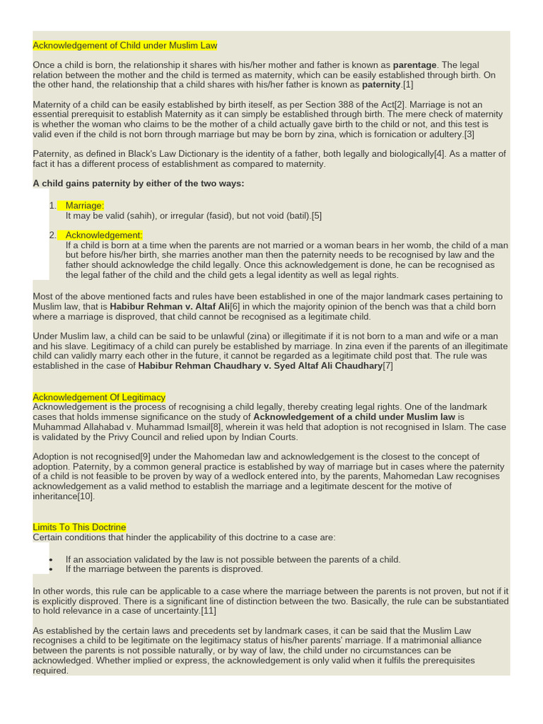Acknowledgement of Child Under Muslim Law | PDF | Marriage | Legitimacy ...