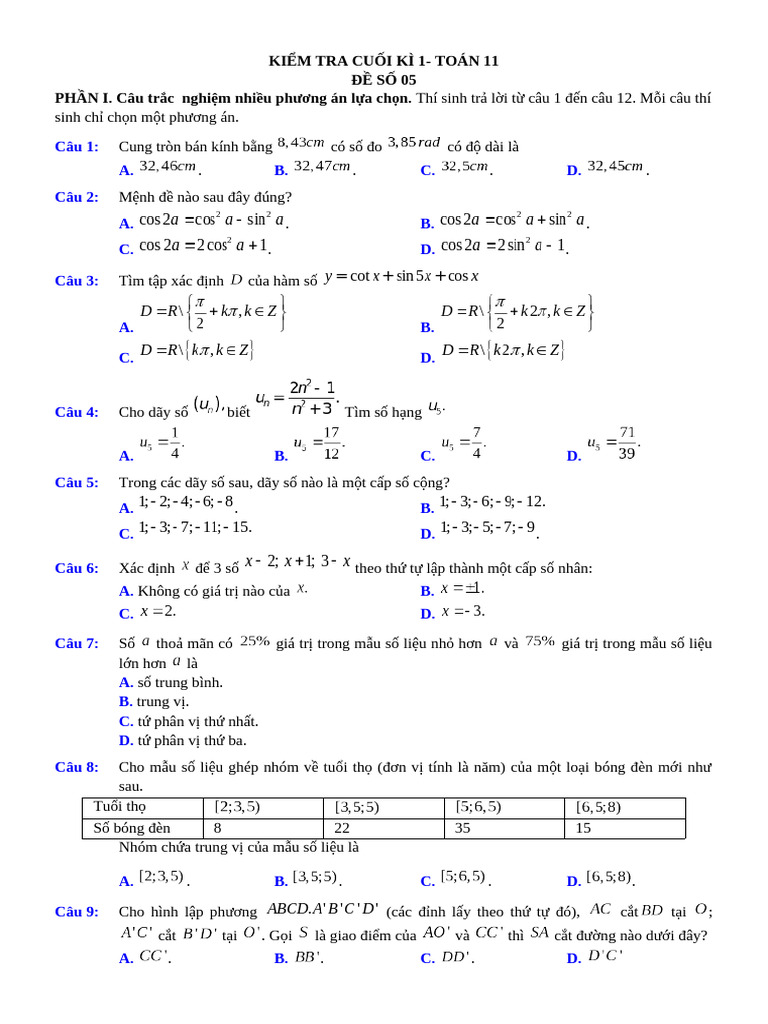 Đề số 05_KT CK1_Toán 11 | PDF