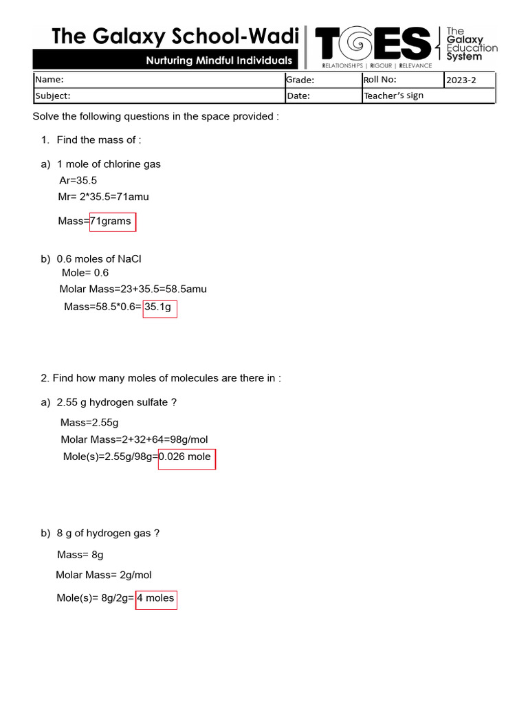 The Mole Worksheet 1 Pdf