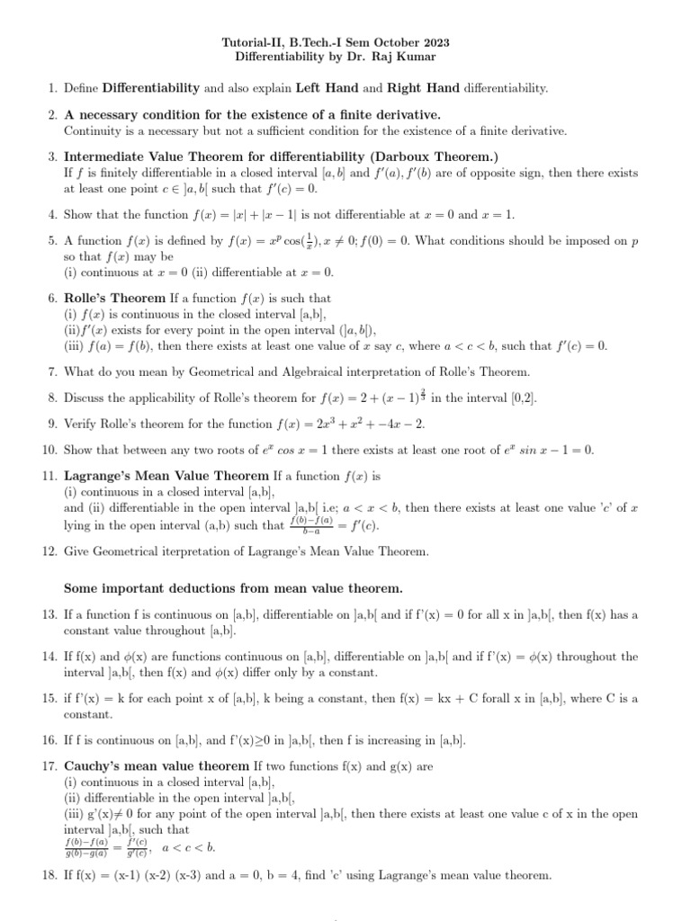 Tut2 Diffentiability Oct 2023 | PDF | Function (Mathematics) | Mathematical Logic