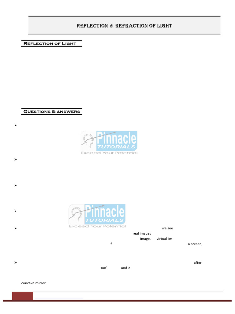 reflection _&_refraction_sheet_ec1otxt5yy6idfm7qmco | PDF | Mirror | Optics