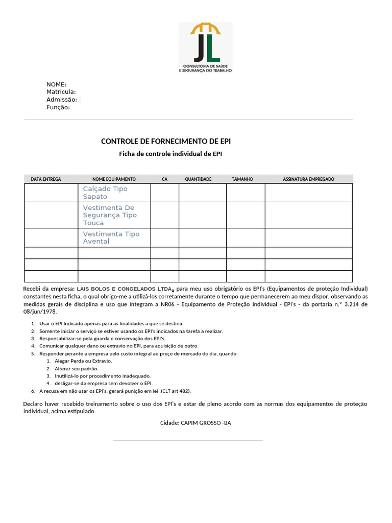 Ficha de EPI | PDF