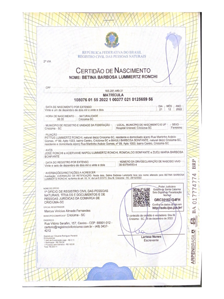 CERTIDÃO DE NASCIMENTO (2) | PDF