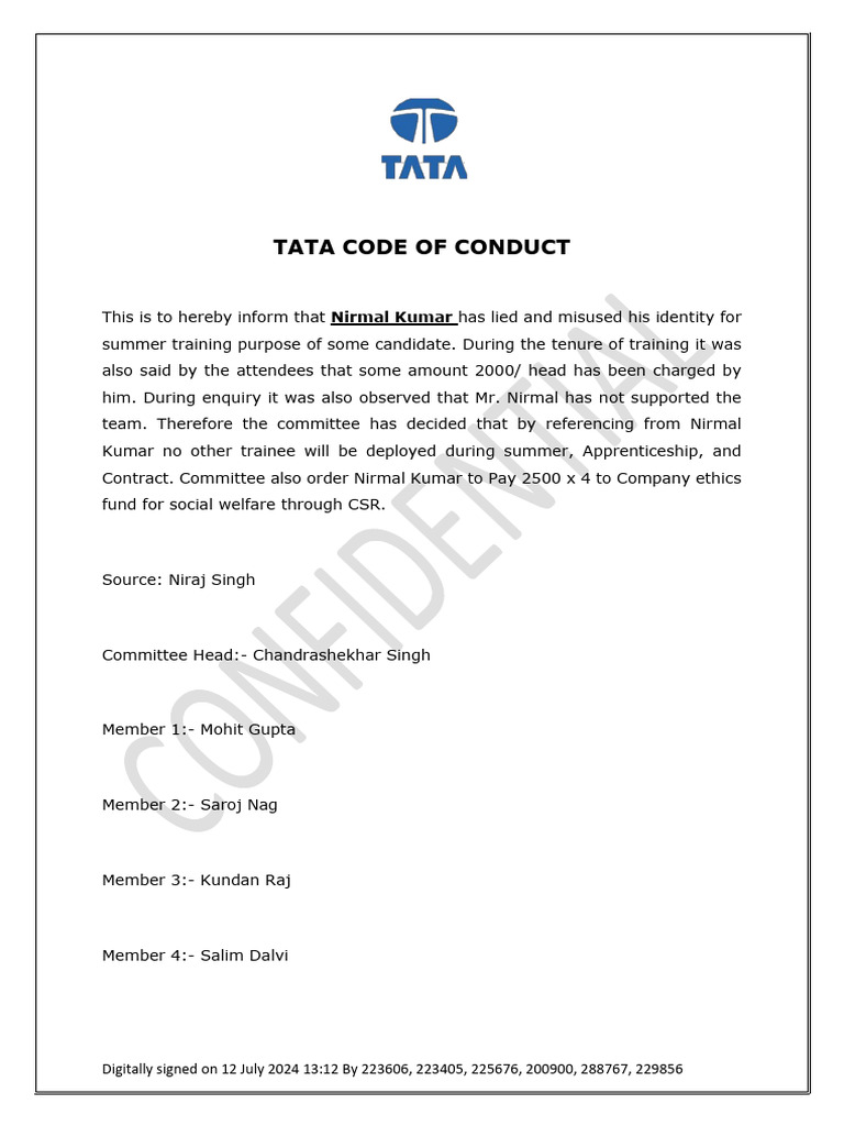 TATA Code of Conduct Violation Report | PDF