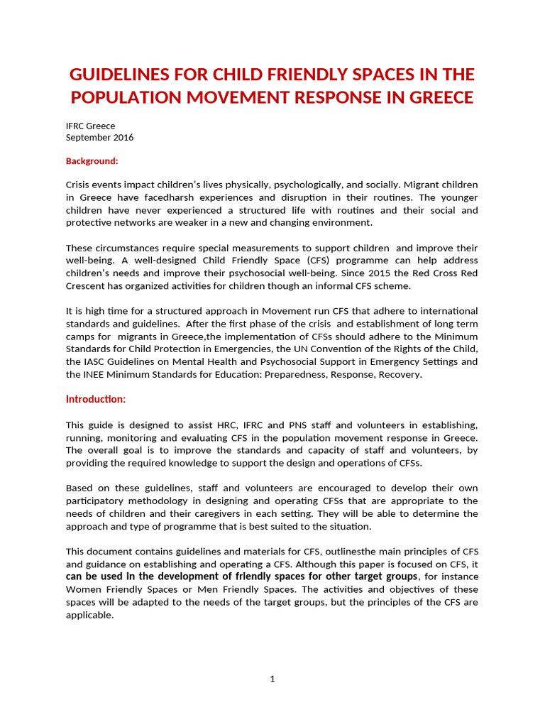 Child Friendly Space Guidelines Greece | PDF | Disability | Caregiver