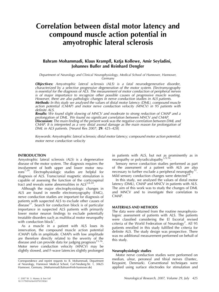 Correlation between distal motor latency and compound muscle action ...
