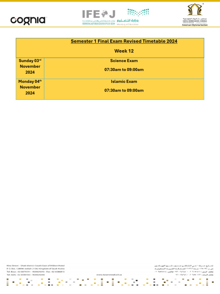 Semester 1 Final Exam Revised Timetable 2024 | PDF