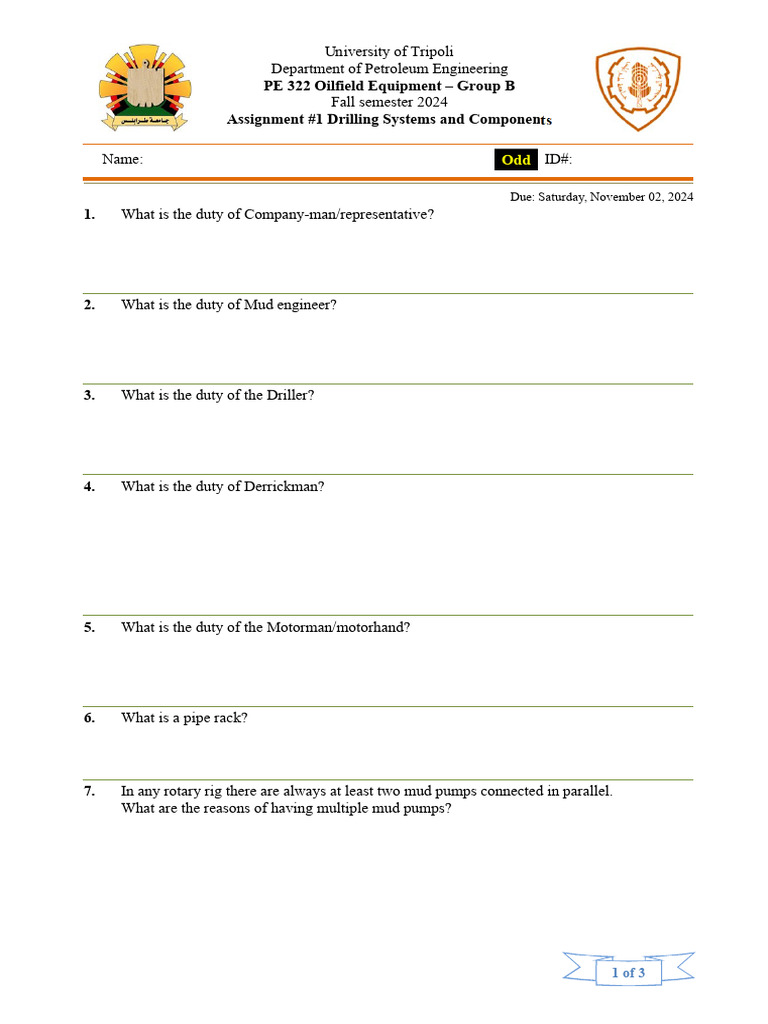 UOT Fall2024 PE322 Group2 Assignment#1 Odd Version Due November 02 2024 2 | PDF | Horsepower | Pump