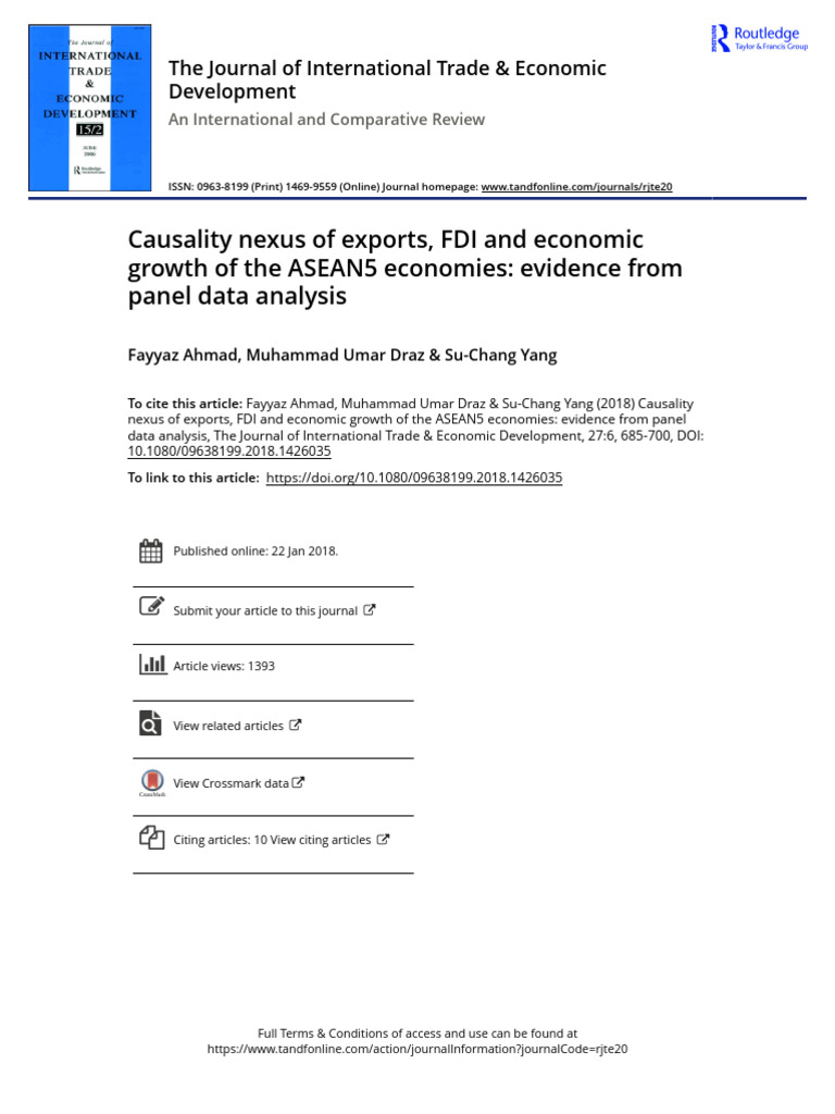 Causality Nexus of Exports FDI and Economic Growth of The ASEAN5 Economies Evidence From Panel ...