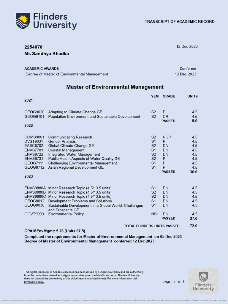 Flinders University Academic Transcript | PDF