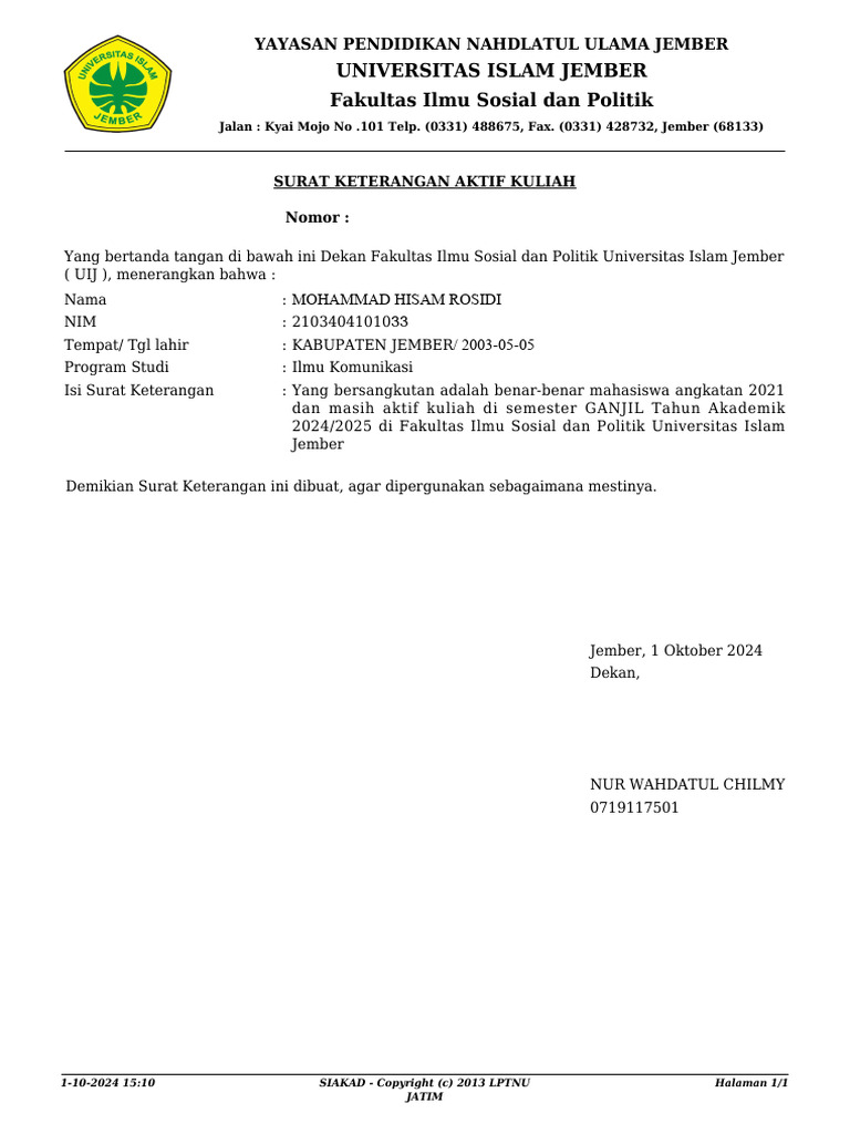 Surat Aktif Mohammad Hisam | PDF