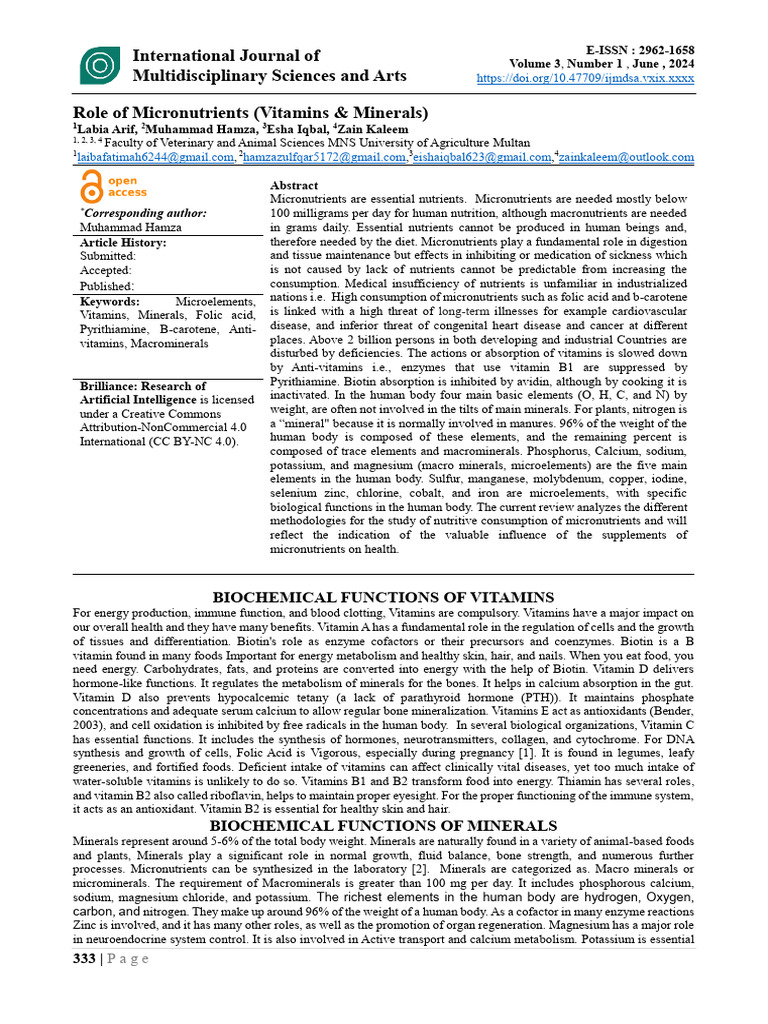 Role of Micronutrients (Vitamins & Minerals) | PDF | Vitamin | Nutrients