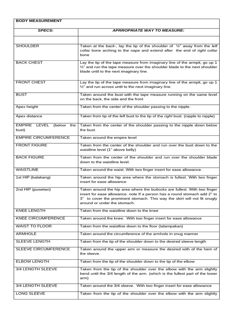 Body Measurement Information | PDF | Arm | Breast