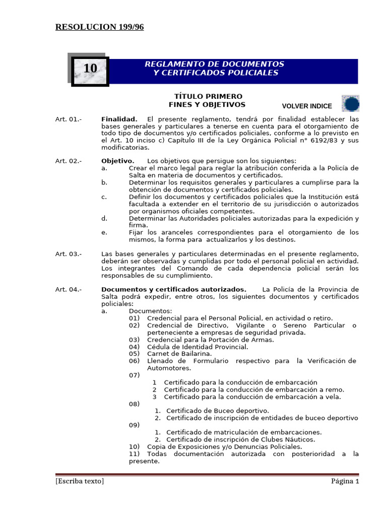 Reglamento de Documentos y Certificados Completo Res.199-96 | PDF | Documento de identidad | Policía